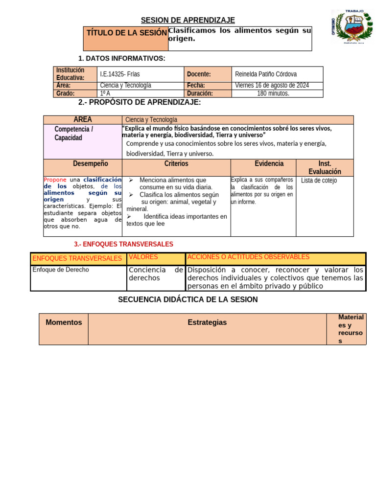 Sesion de Aprendizaje Clasificacion de Los Alimentos. | PDF | Alimentos | Aprendizaje