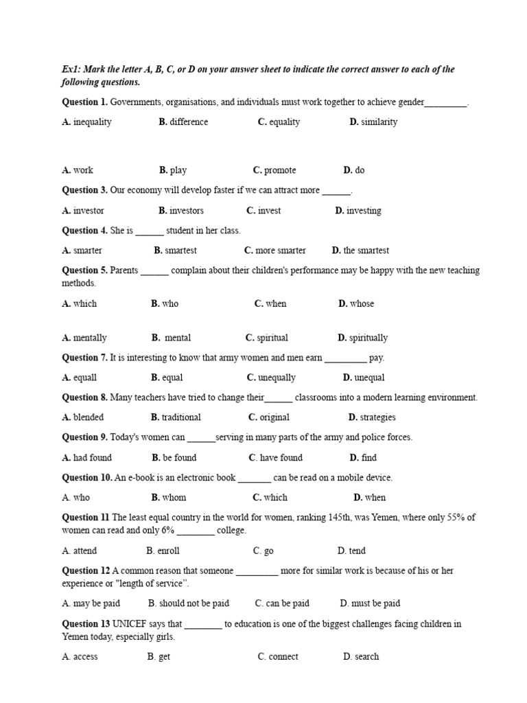 Gender Equality Quiz Questions and Answers | PDF | Gender | Gender Studies
