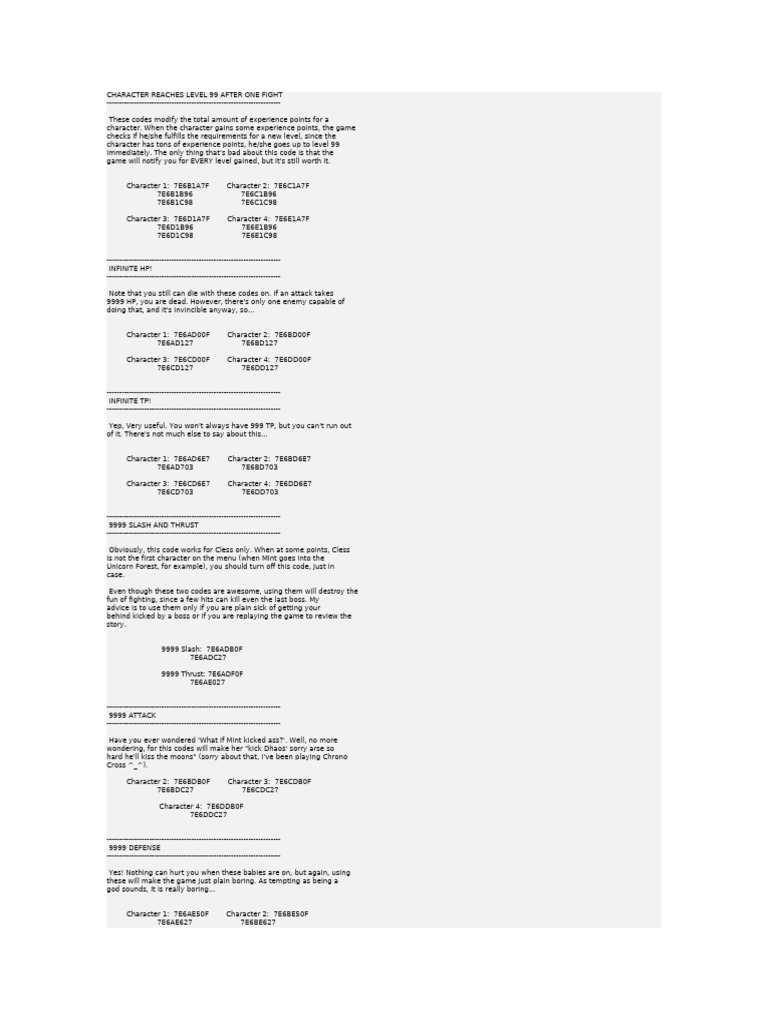 Level 99 Cheat Codes for RPG Characters | PDF