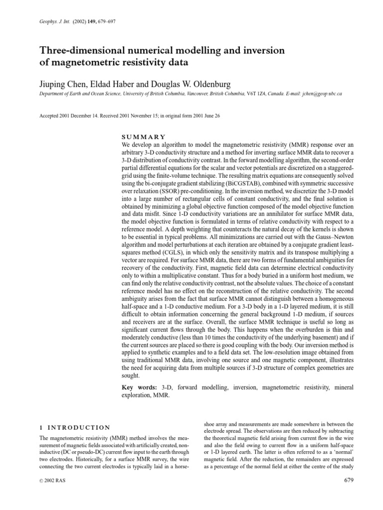 Three-Dimensional Numerical Modelling and Inversion of Magnetometric Resistivity Data (Jiuping ...