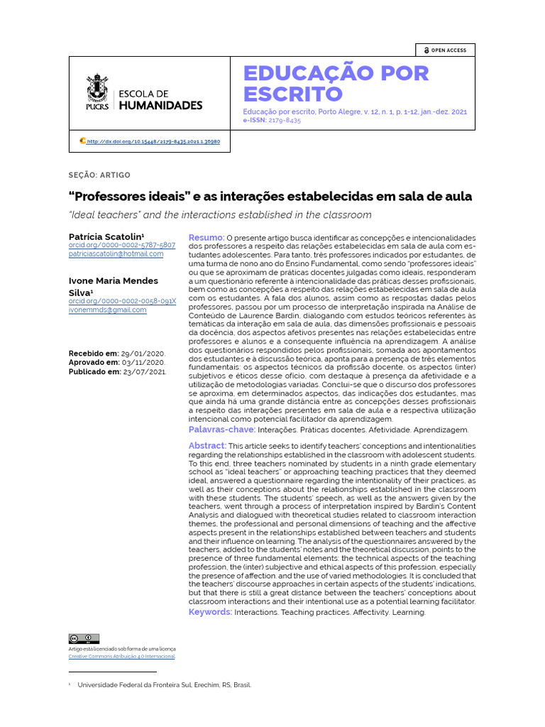 Professores Ideais E As Interações Estabelecidas Em Sala De Aula