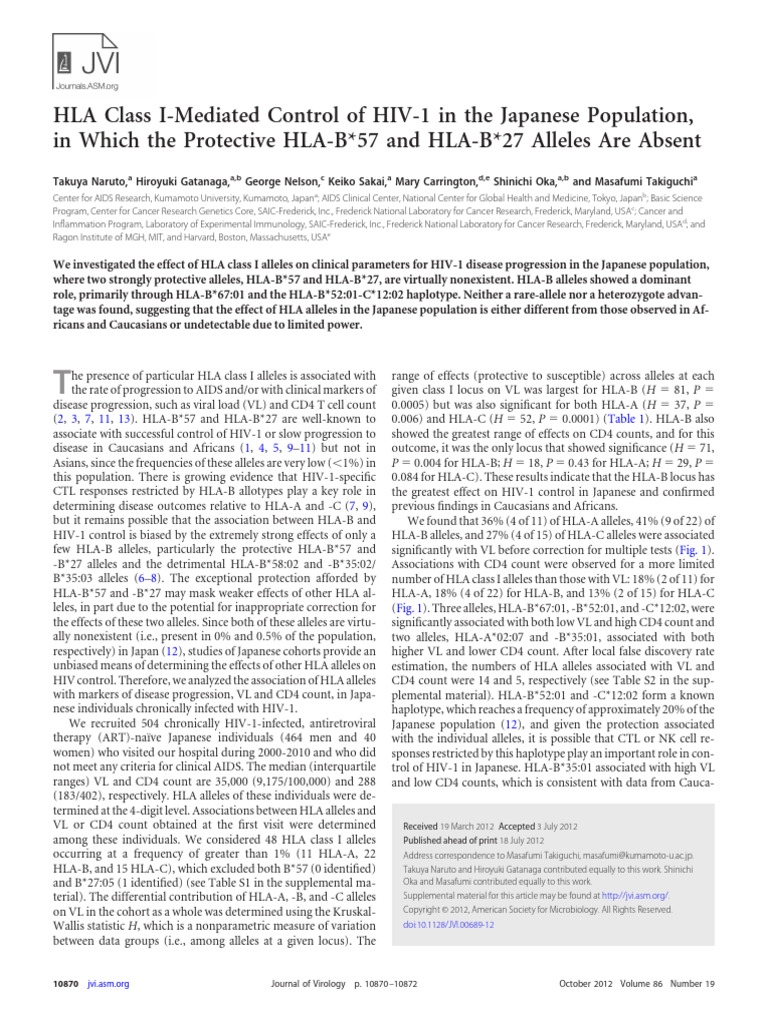 J. Virol.-2012-Naruto-10870-2 | PDF | Human Leukocyte Antigen | Zygosity