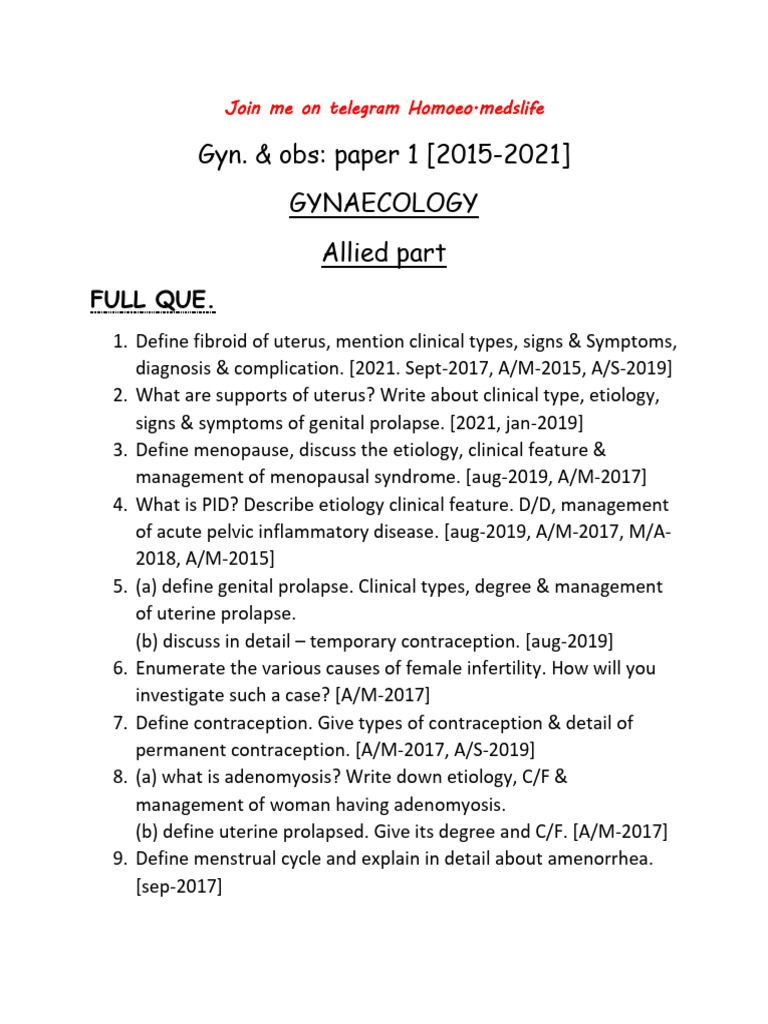 3rd Gync and Obs Paper 1 | PDF | Reproductive System | Genitourinary ...