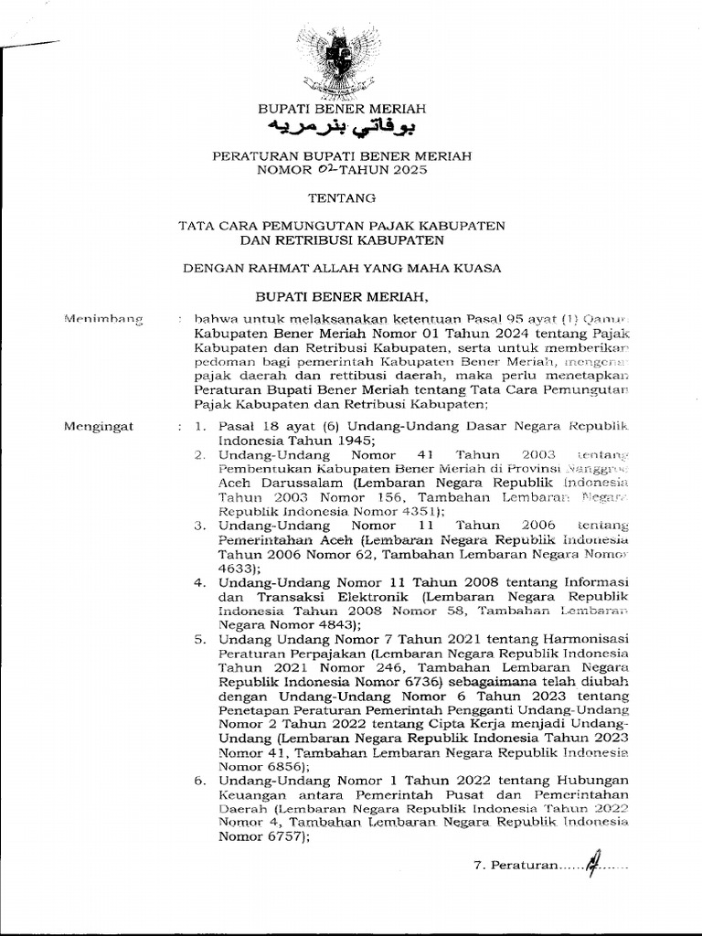 Perbub No. 2 Tahun 2025 Tata Cara Pemungutan Pajak Kabupaten Dan ...