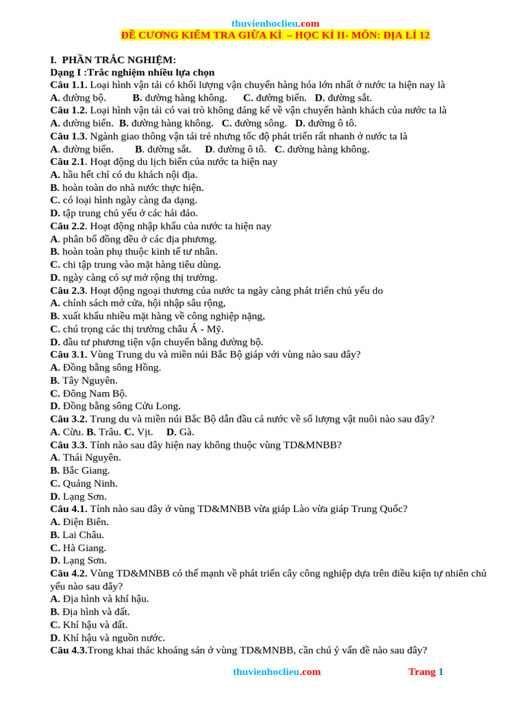 De Cuong On Tap Giua HK2 Dia 12 | PDF