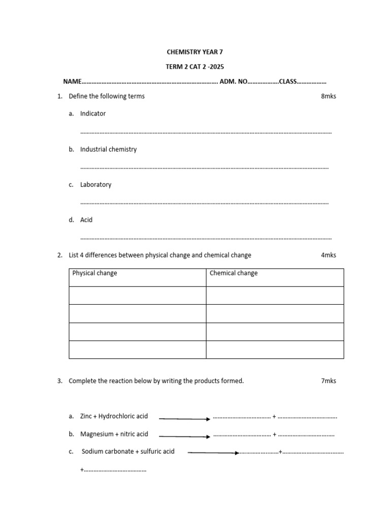 Year 7 Chemistry Term 2 Assessment | PDF