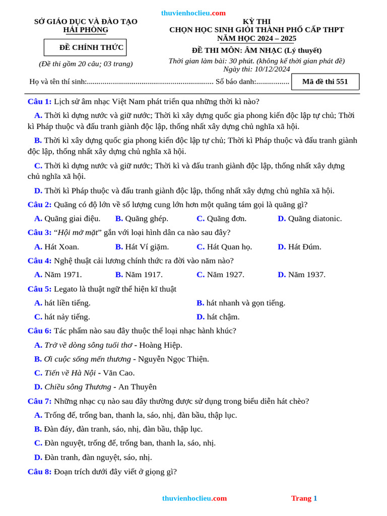 De Chon HSG Am Nhac 12 So GD Hai Phong 24 25 | PDF