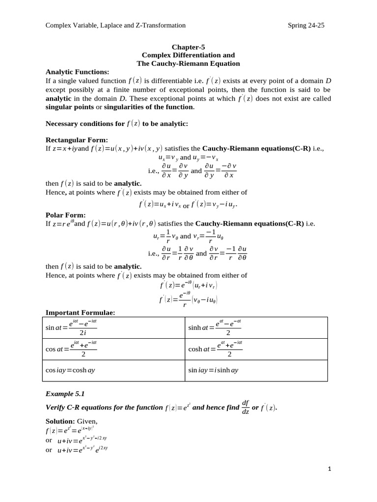 Math3 - Ch05 - Complex Diff & C-R Eqn Spring 24 - 25 | PDF | Analytic Function | Equations