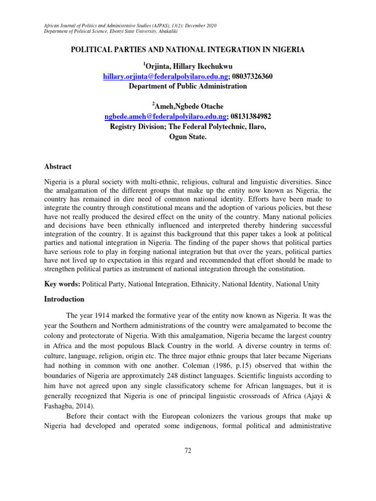 Pol Parties and National Integration in Nig | PDF | Political Science
