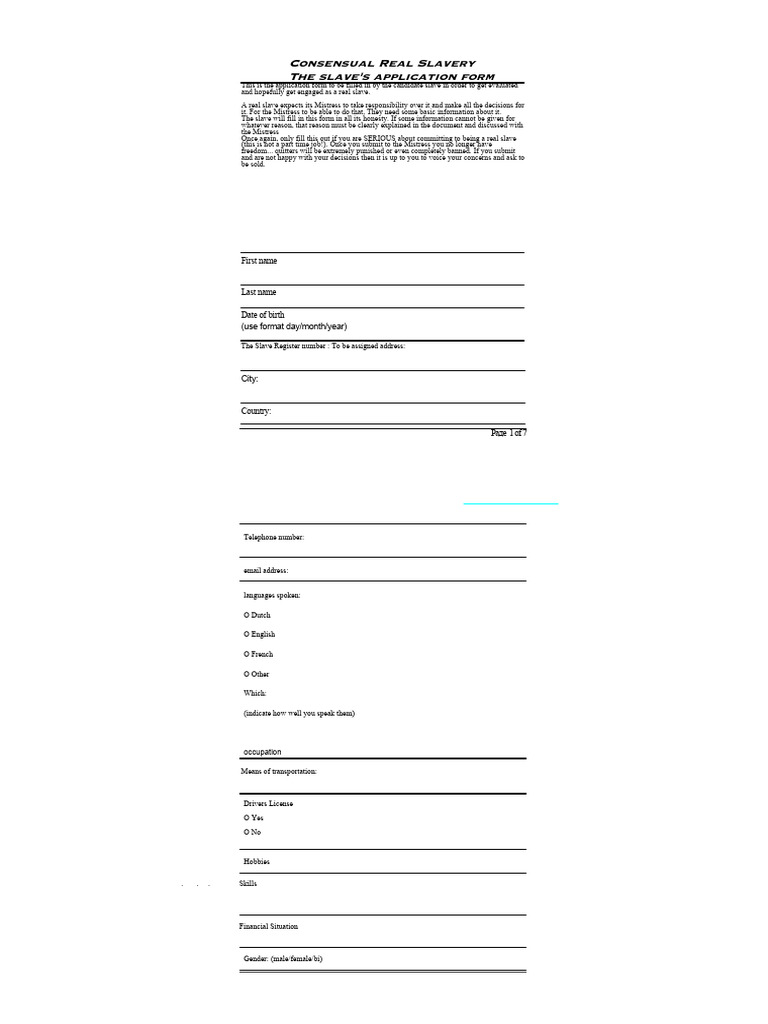 Consensual Slave Application Form. | PDF | Slavery | Consent