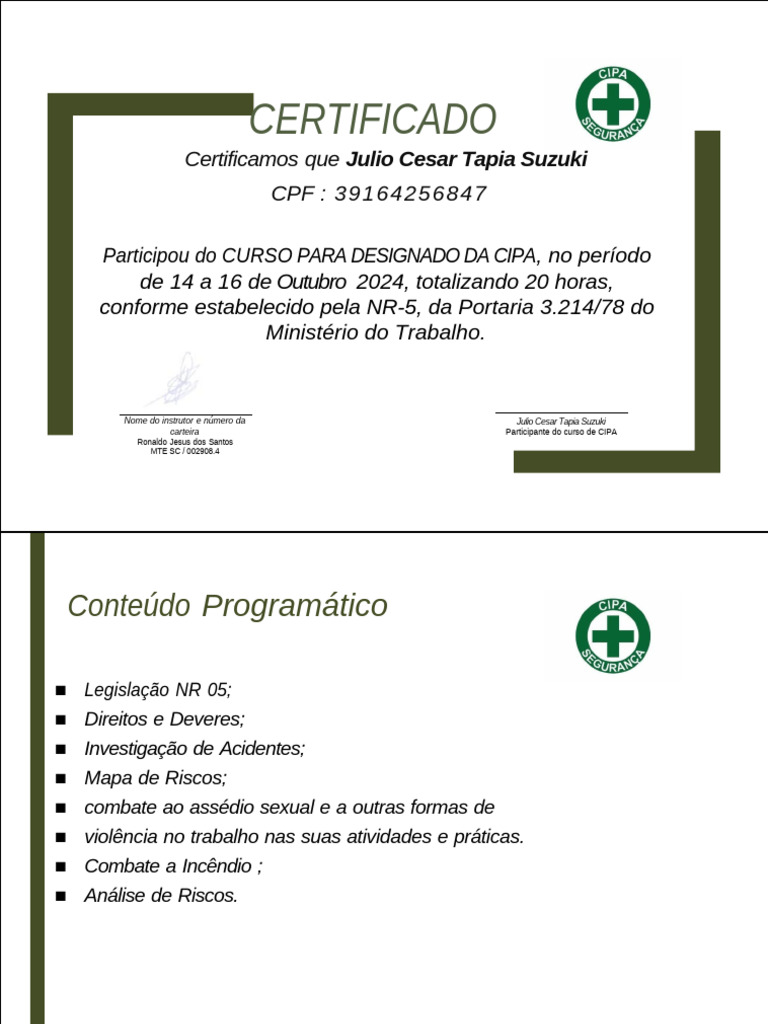 Certificado CURSO CIPA | PDF