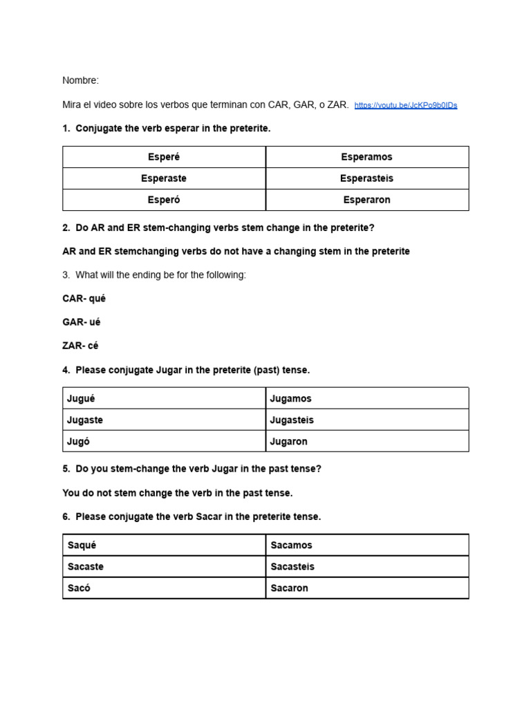 Conjugación de verbos CAR, GAR, ZAR | PDF