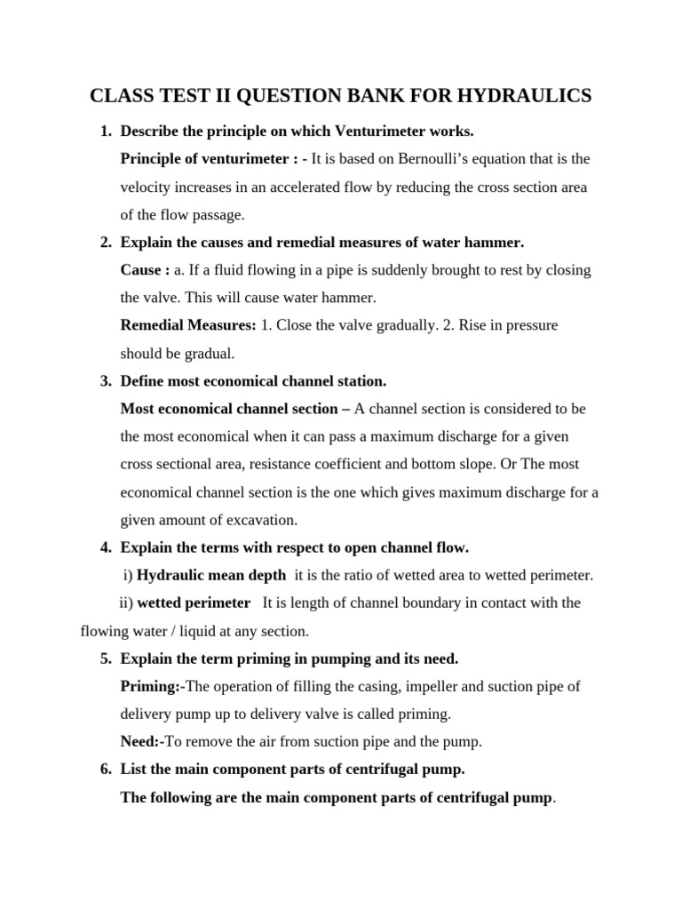 Hydraulics Class Test II Question Bank | PDF | Pump | Flow Measurement