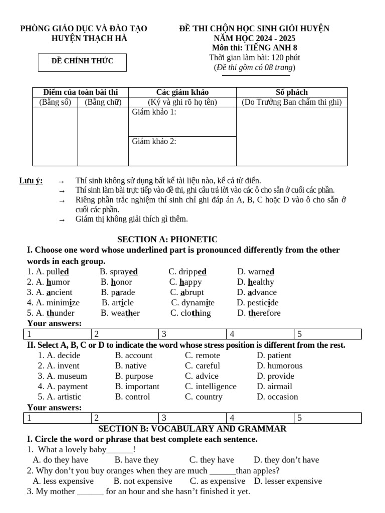 ĐỀ THI HSG ANH 8 THACH HÀ NĂM 2025 | PDF | William Mc Kinley | Greek Alphabet