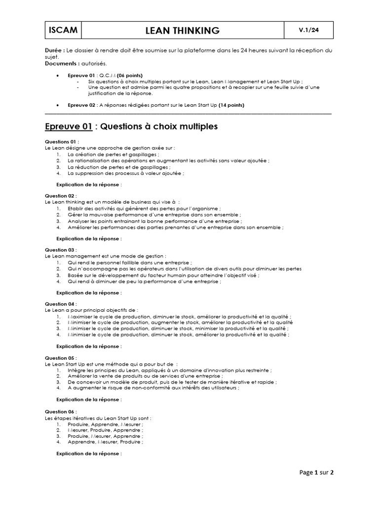Épreuve Lean Thinking : QCM et Projet | PDF | Lean (production) | Start-up