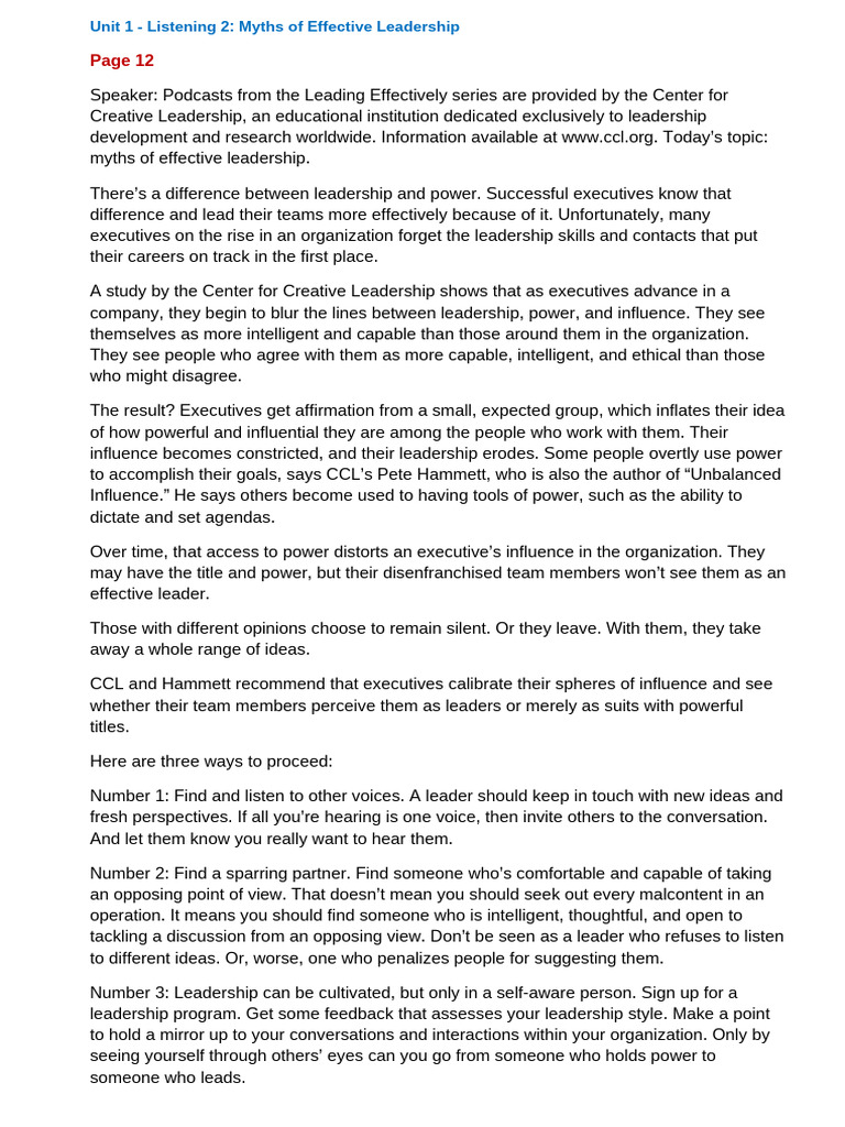 Unit 1 - Listening 2 Script | PDF | Leadership | Social Psychology