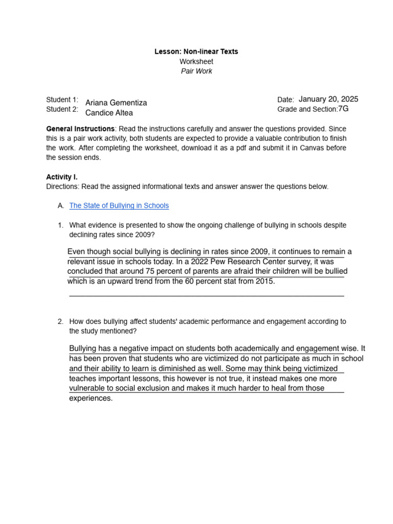 (Worksheet 3) Non-Linear Texts | PDF | Bullying | Cognition
