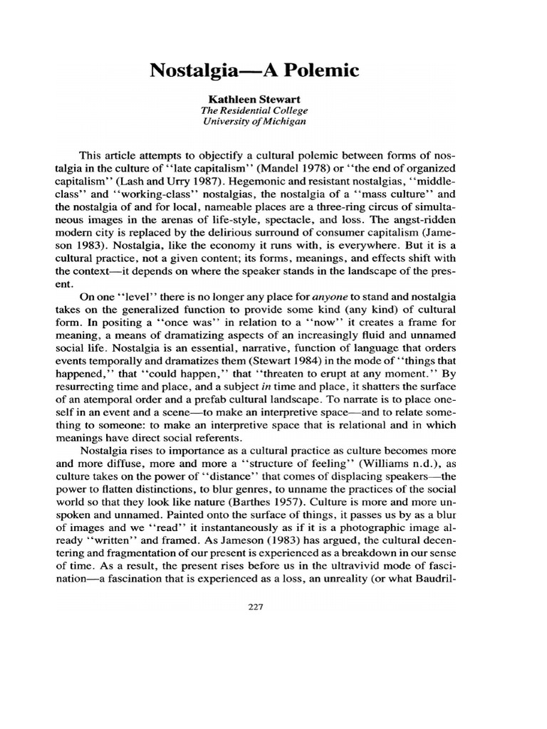 Cultural Anthropology - August 1988 - Stewart - Nostalgia A Polemic | PDF | Creative Commons