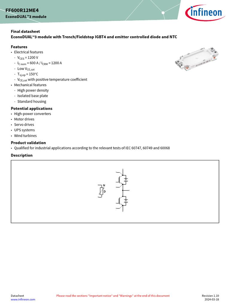Infineon FF600R12ME4 DataSheet v01 - 10 EN | PDF | Insulator (Electricity) | Screw