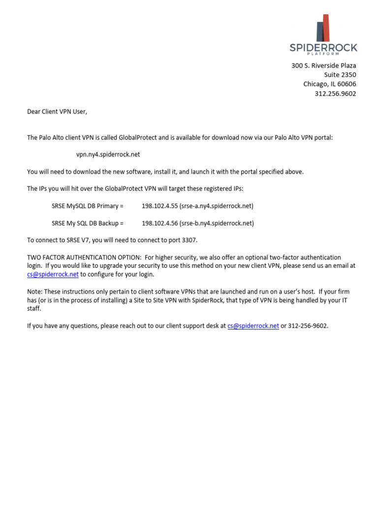 SpiderRock Palo Alto Client VPN Setup Instructions For New Clients | PDF