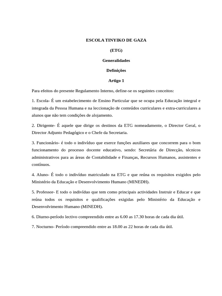 Regulamento da Escola Tinyiko de Gaza | PDF | Pedagogia | Orçamento