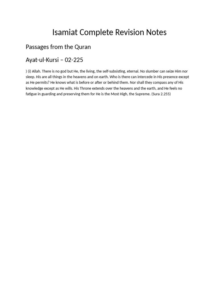 Isamiat Revision: Ayat-ul-Kursi Explained | PDF
