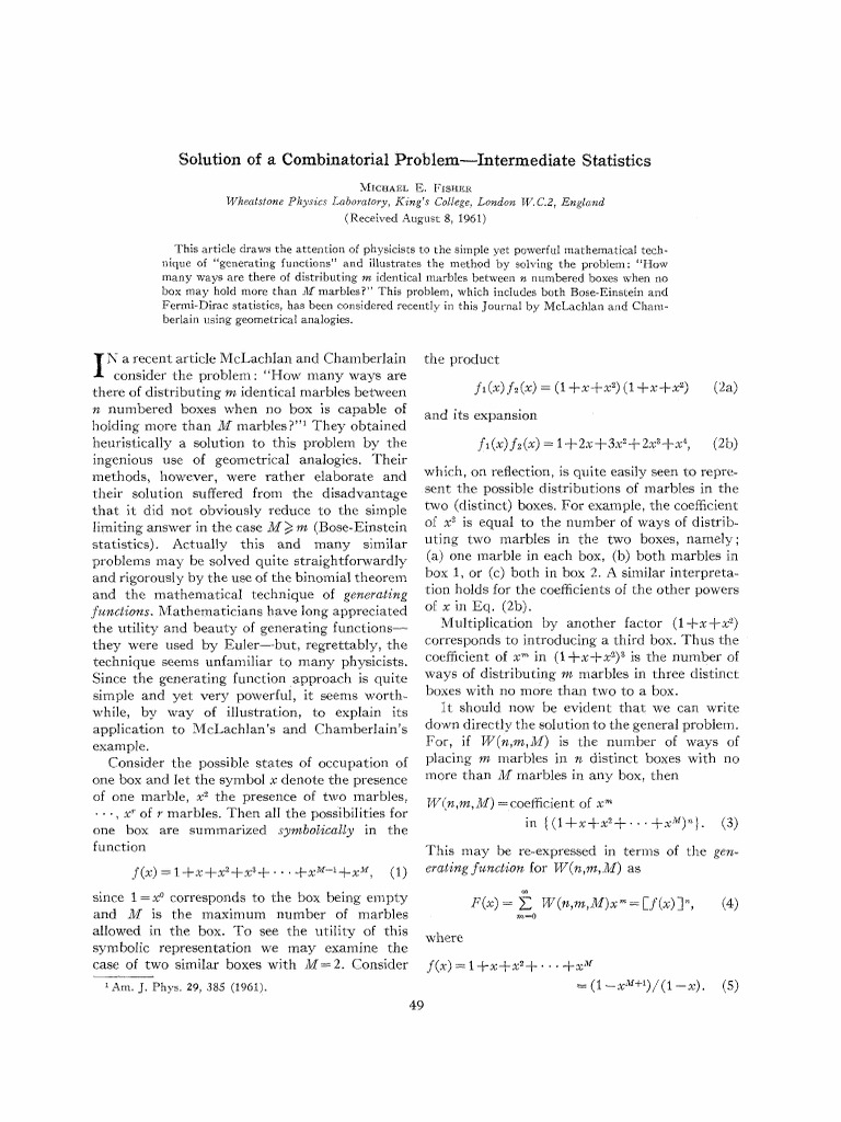 +fisher - Solution of A Combinatorial Problem - Intermediate Statistics (1962) | PDF