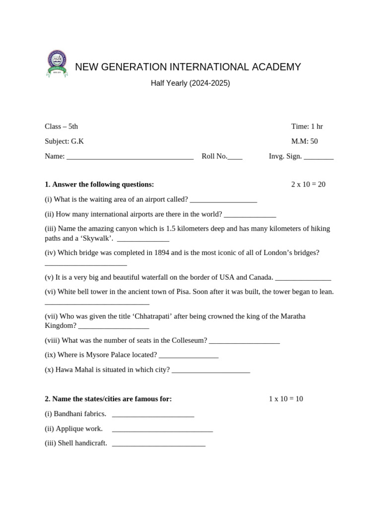 G.K Class 5th Half Yearly | PDF