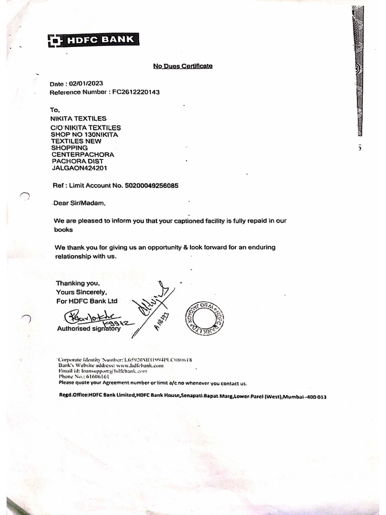 HDFC Bank No Dues Certificate Nikita Textiles 2024-25 | PDF