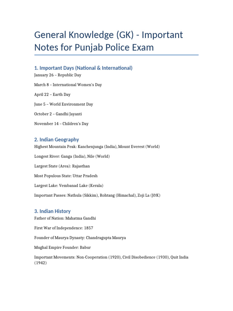 GK Notes for Punjab Police Exam | PDF