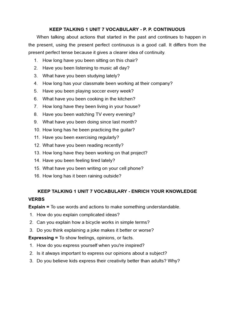Present Perfect Continuous Vocabulary Guide | PDF | Grammar | Linguistics