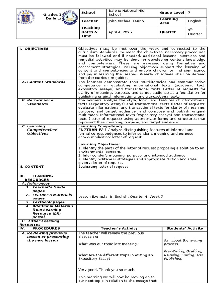 Grade 7 English Lesson: Letter of Request | PDF | Learning ...