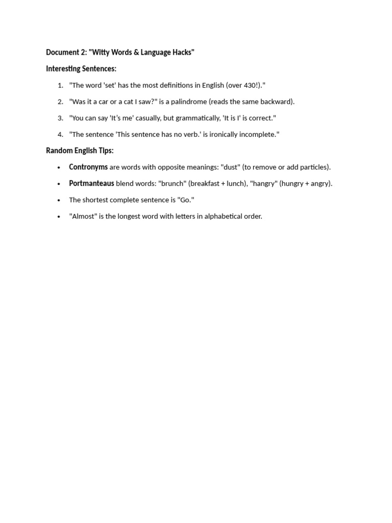 Document 2: "Witty Words & Language Hacks" Interesting Sentences | PDF