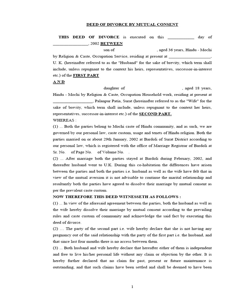 Deed of Divorce by Mutual Consent Hindu Law English Format | PDF ...