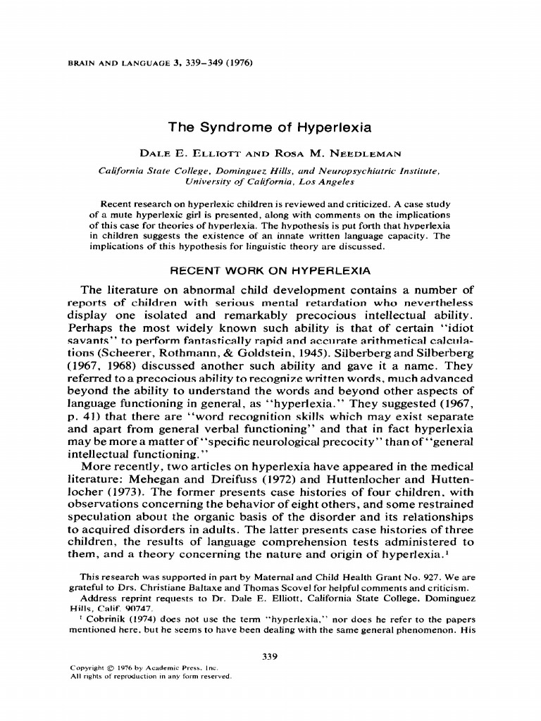The Syndrome of Hyperlexia (Dale E. Elliott Rosa M. Needleman) (Z ...