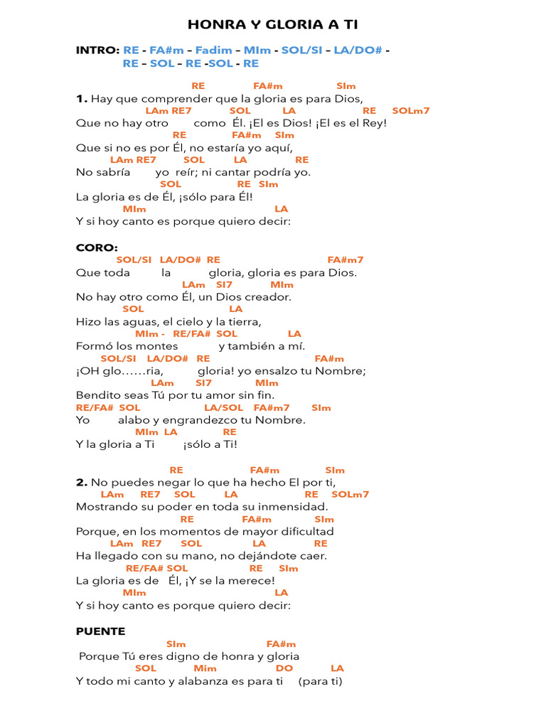 Honra y Gloria A Ti Letra y Acordes (Re) | PDF