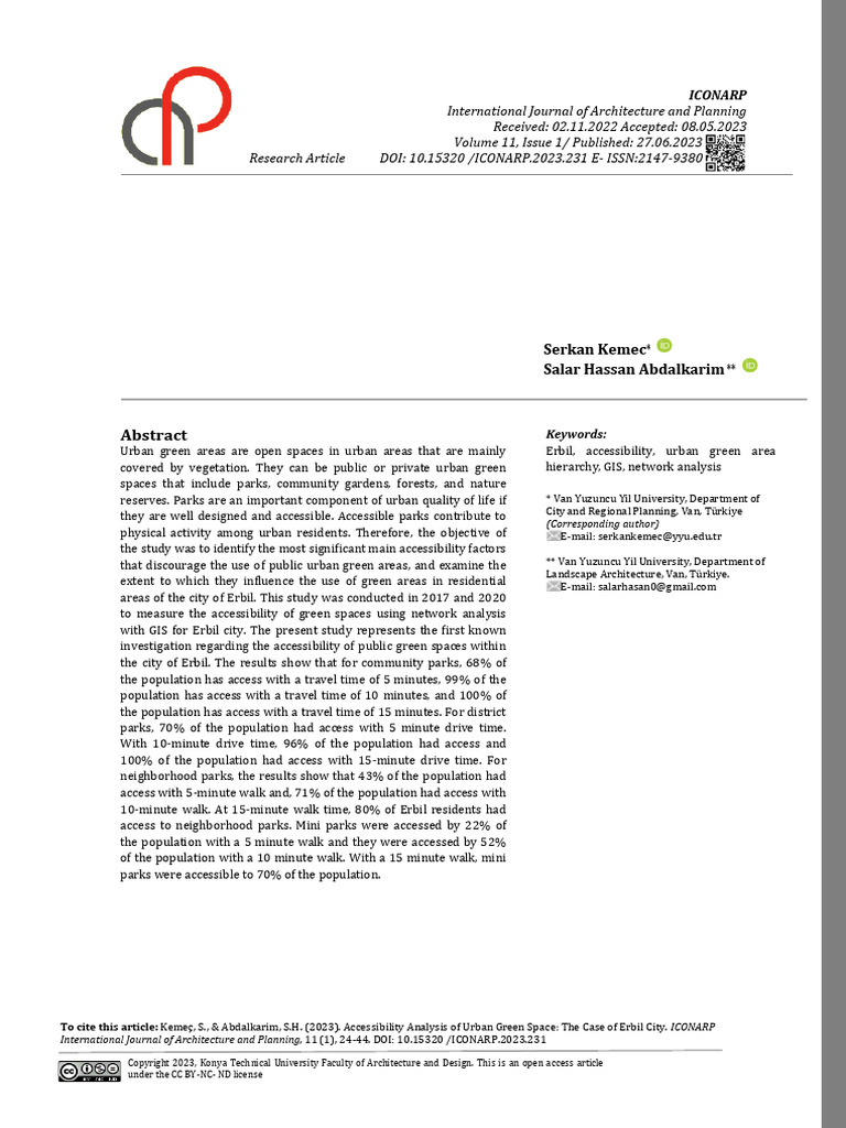 Erbil Urban Green Space Accessibility Analysis | PDF