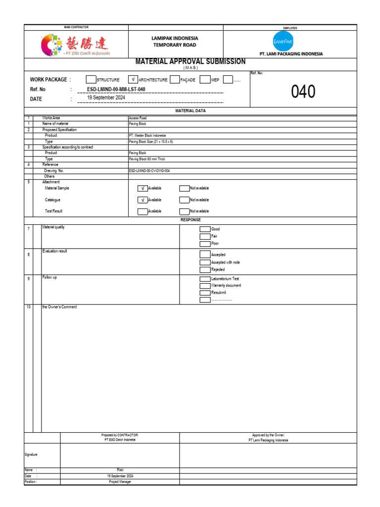 Esd-Lmind-00-Mm-Lst-040 Mas Paving Blok Brand Master Blok Indonesia | PDF