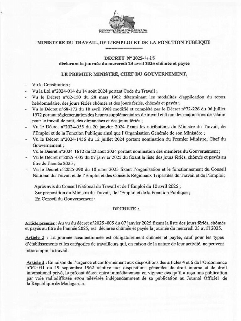 Décret #2025-415 Du 15 Avril 2025 Déclarant La Journée Du 23 Avril 2025 Chômée Et Payée | PDF