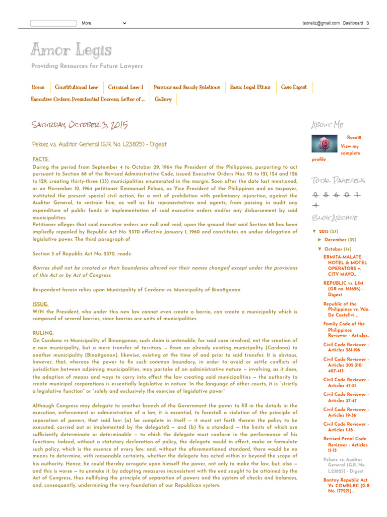 Amor Legis - Pelaez vs. Auditor General (G.R. No. L23825) - Digest ...