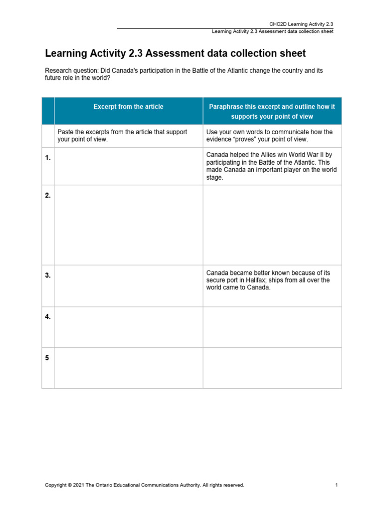 chc2d 08 Assessment Data Sheet | PDF | Battle Of The Atlantic | Navies