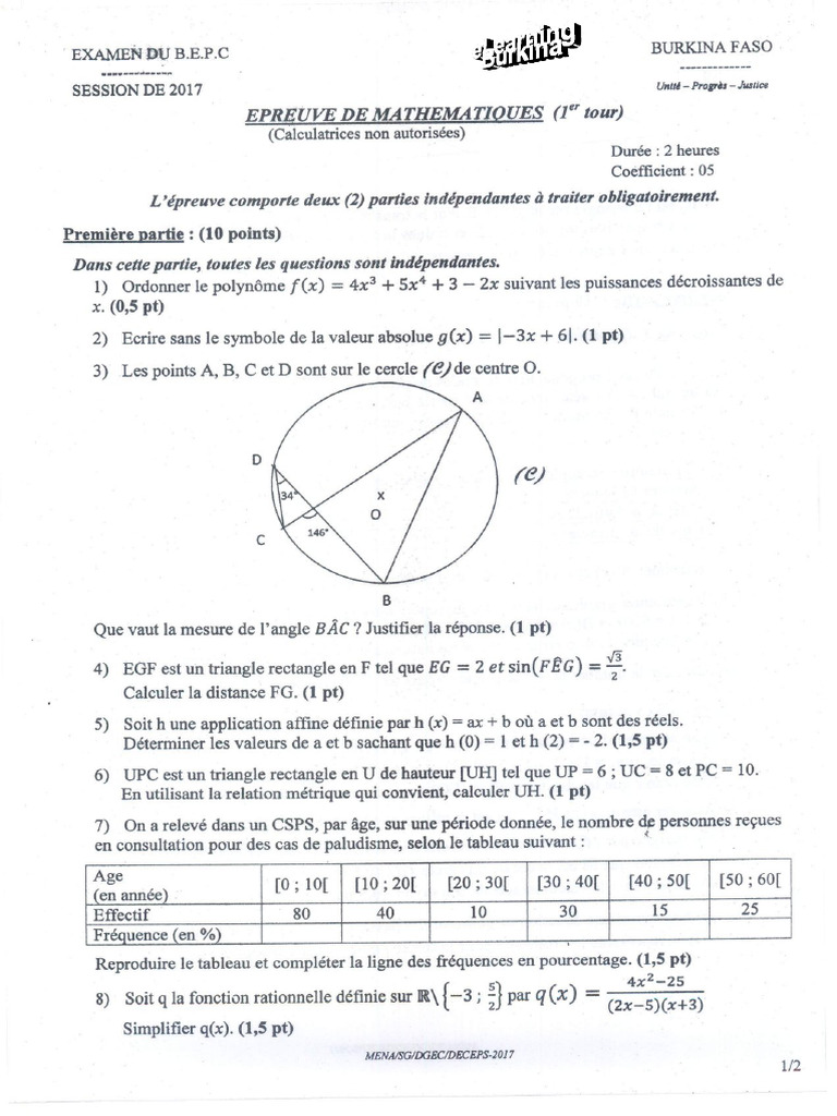 Bepc2017 Maths 1er Tour | PDF