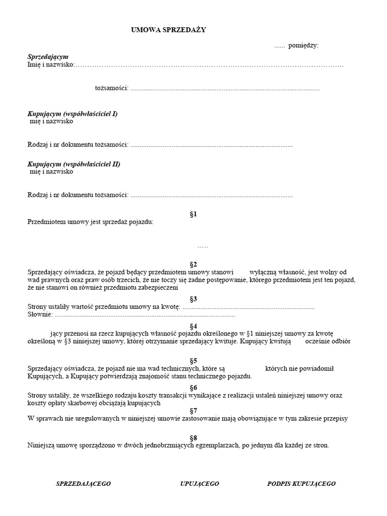 Umowa Kupna Sprzedazy Samochodu Dwoch Kupujacych | PDF