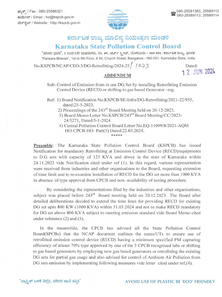 Karnataka State Pollution Control Board (KSPCB) Circular Year-2024 ...