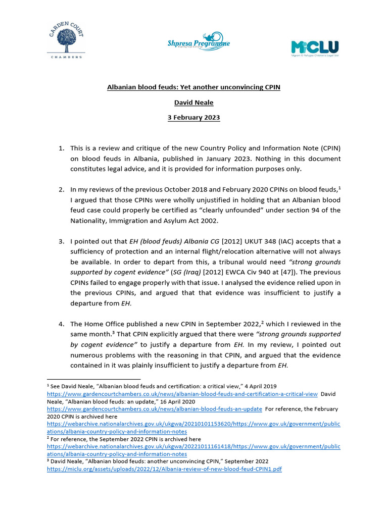 Albania Blood Feud CPIN Review February 2023 | PDF | Corruption | Rape