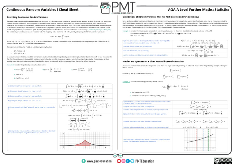 Continuous Random Variables Cheat Sheet | PDF | Probability Distribution | Random Variable