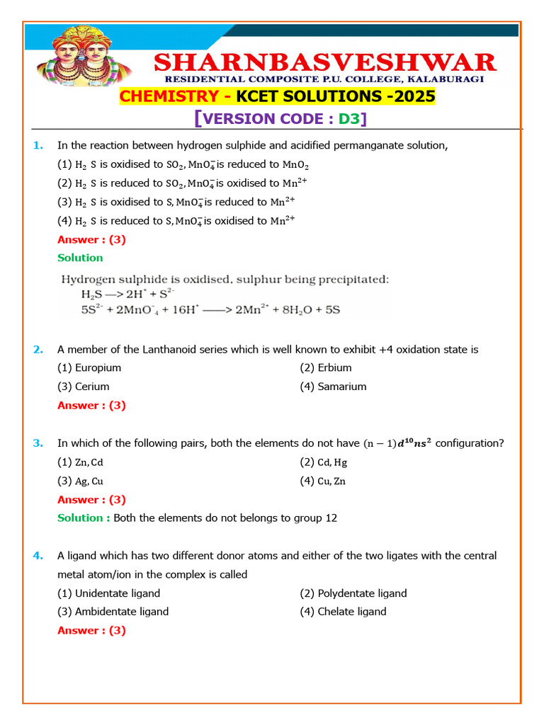KCET 2025 Chemistry Solutions D3 | PDF | Chemical Bond | Chemical ...