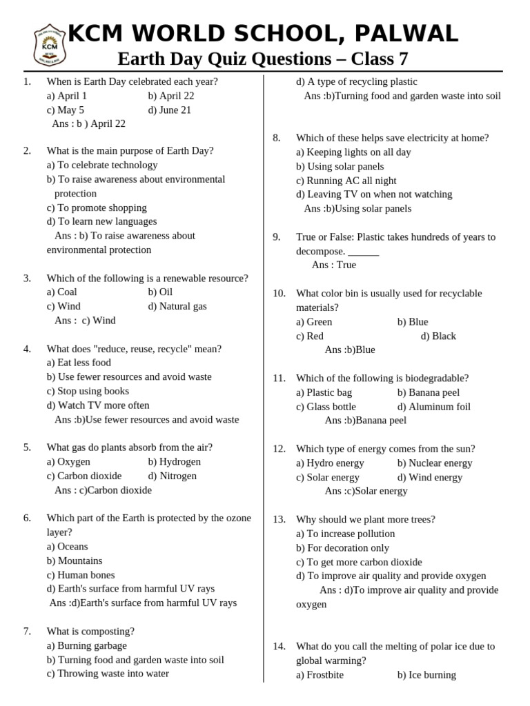 Earth Day Quiz for Class 7 Students | PDF | Atmosphere Of Earth | Earth