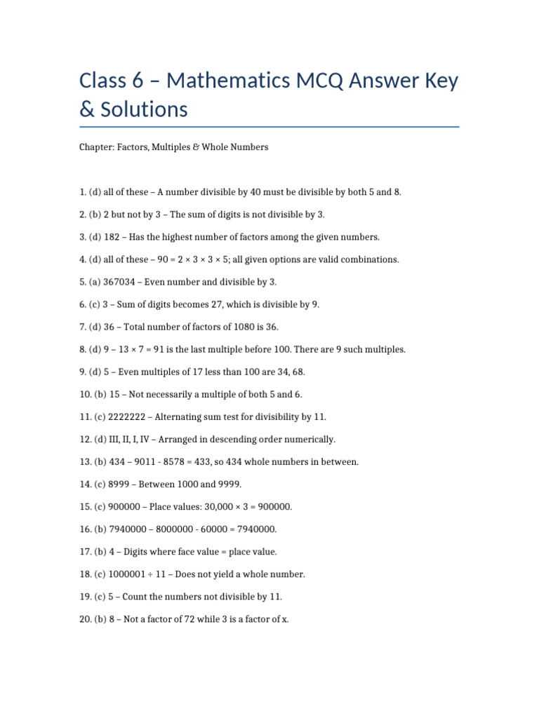 Class 6 Maths Foundation - Answer Key | PDF
