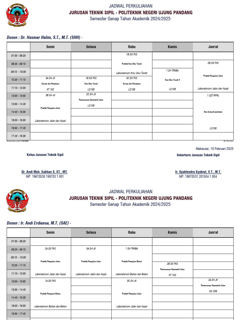 JADWAL PERKULIAHAN JURUSAN TEKNIK SIPIL SEM GENAP TA 2024 2025 (DOSEN) | PDF